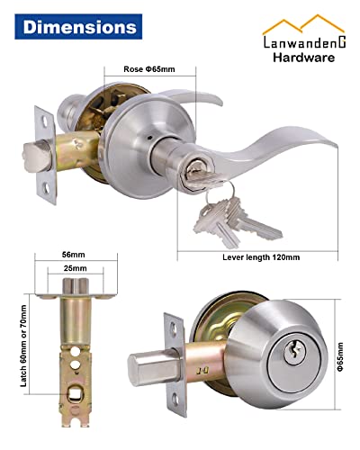 Keyed Alike Front Door Lever Lockset with Single Cylinder Deadbolt Combination Set, Exterior Door Knob with Lock and Deadbolt, Satin Nickel Finished Door Lock