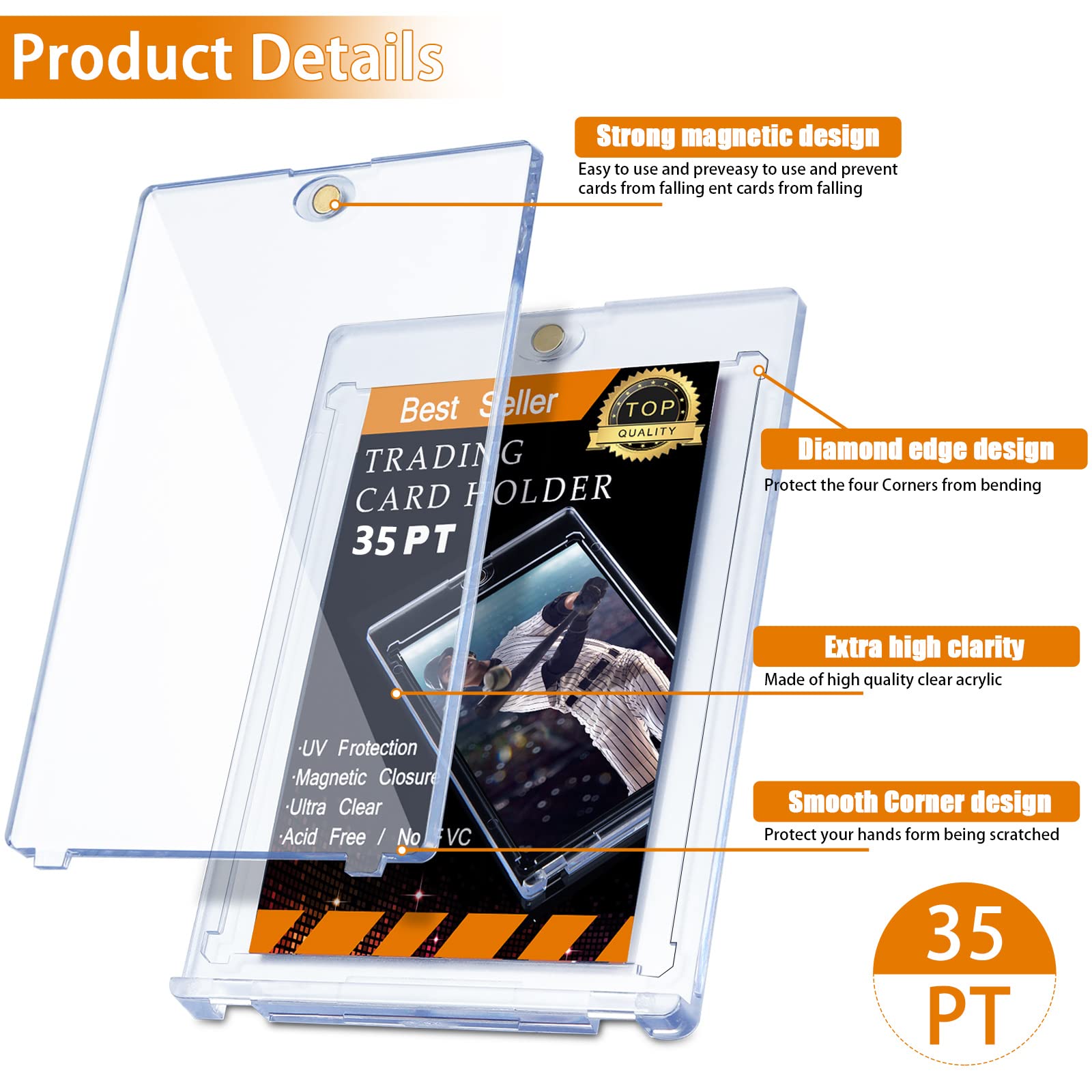 Zonon 50 Pieces Magnetic Card Holder Acrylic Baseball Card Holder 35pt Magnetic Trading Card Protector for Baseball Sports Trading Game Work Cards Storage and Display