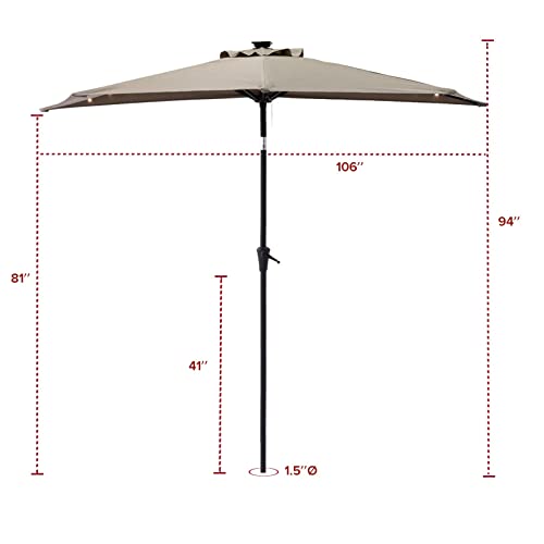 FLAME&SHADE 9 ft Half Round Solar Powered Outdoor Market Patio Table Umbrella for Wall Balcony with LED Lights and Tilt, Taupe