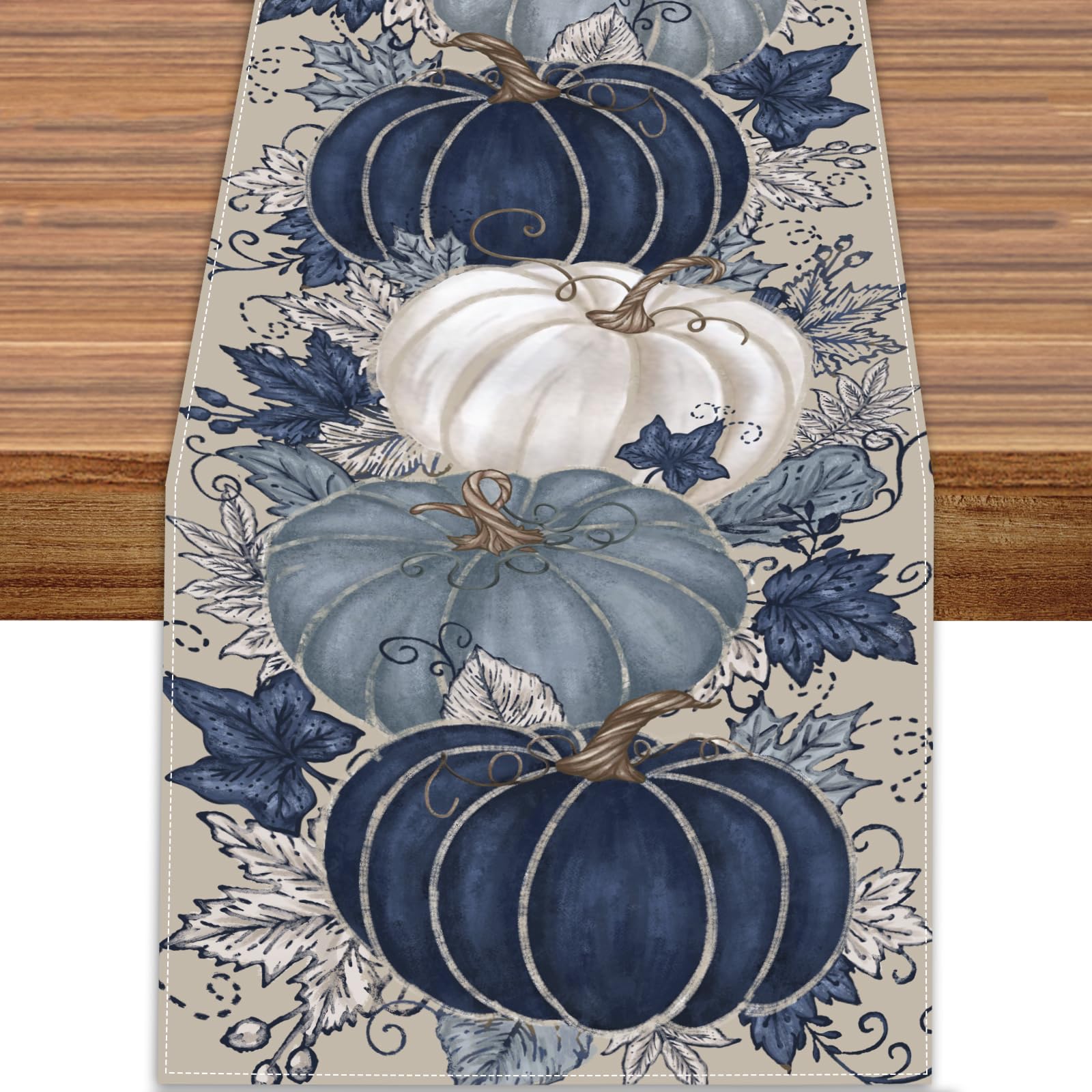 Heirloom Haven Fall Thanksgiving Table Runner, Blue Vintage Pumpkin Maple Leaf Decorative Autumn Harvest Seasonal Table Runner for Farmhouse Kitchen Dining Indoor Home Party Decorations 13x72 inches