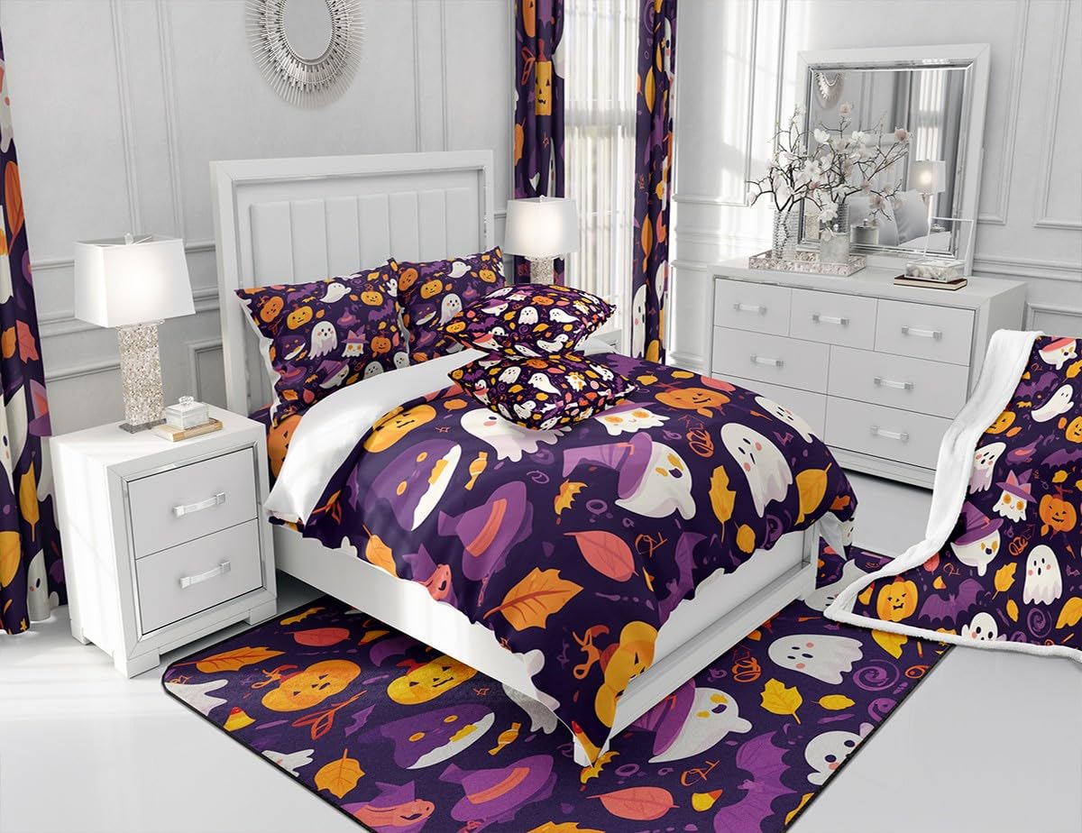 Feelyou Happy Halloween Duvet Cover Halloween Bedding Set for Kids Boys Girls Pumpkin Lantern Comforter Cover Witch Hat Ghost Bedspread Cover Bedroom Collection 3Pcs Full Size