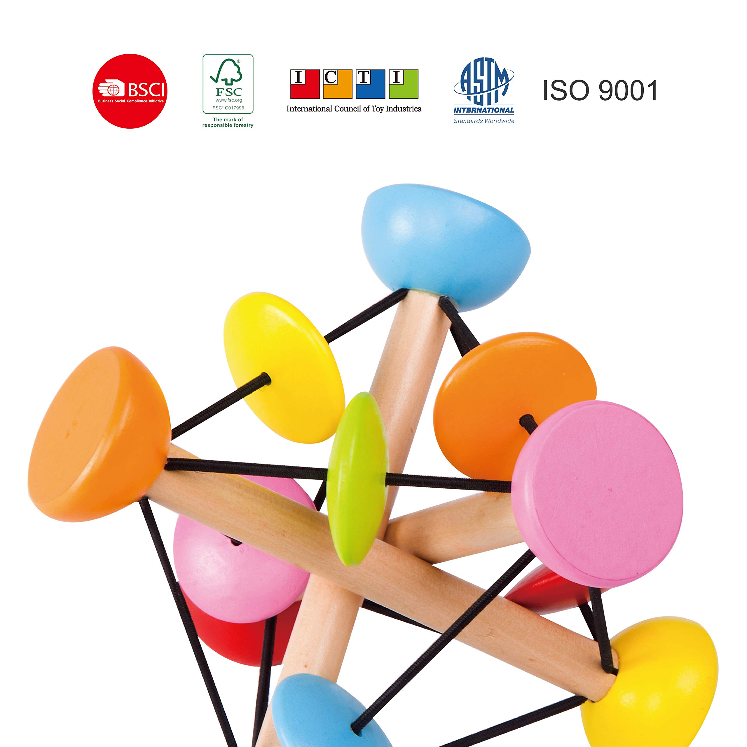 Classic World Wooden Baby Rattle Teething Tensegrity Ball Teether, Squish Squzze Expandable Springy Rebounding Ball for Early Learning Education, Montessori Toys