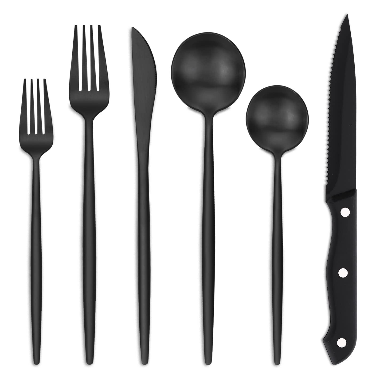 EUIRIO 24 Pieces Matte Black Silverware Set with Steak Knives, Stainless Steel Flatware Set for 4, Cutlery Utensil Sets, Spoons and Forks Set, Dishwasher Safe