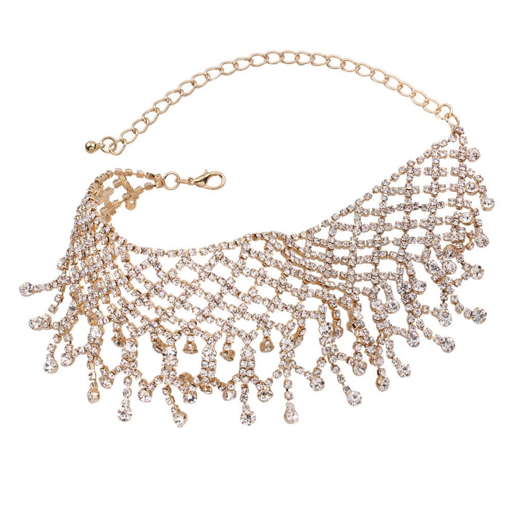 Chamvino Full diamond fashion exaggerated choker Water drop studded diamond tassel choker for Women's and girls gifts(gold/silver)