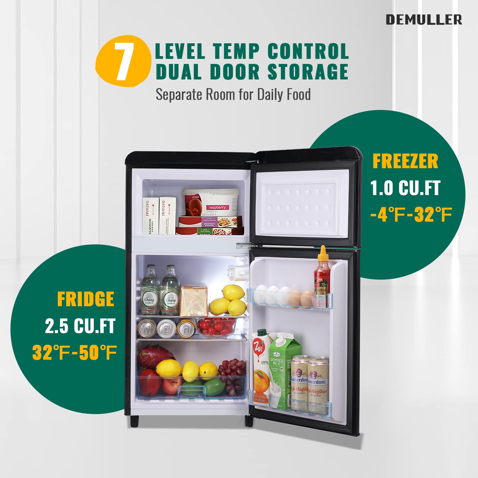 DEMULLER 3.5 CU.FT Mini Fridge with Freezer Compact Retro Refrigerator Dual Door Handles 7 Temp Adjustable Temp LED Lights Removable Storage Shelves for Dorm Apartment Office Black