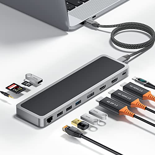 𝐄𝐒𝐒𝐀𝐆𝐄𝐑 USB C Hub, 12 in 1 USB-C Laptop Docking Station, Triple Display Type C Adapter Compatible for MacBook and Windows USB C Labtop(2HDMI DP PD3.0 SD TF Reader Ethernet 4USB 3.5mm Ports)