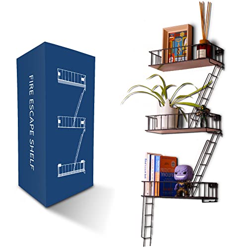 KOTIJOKI Fire Escape Wall Shelf - New York Metal Decorative Shelf with Screwdriver & Screws, Rustic Wall Shelves for Bedroom, Home DĂŠcor, Action Figure Display (3-Tier Black Floating Shelves)