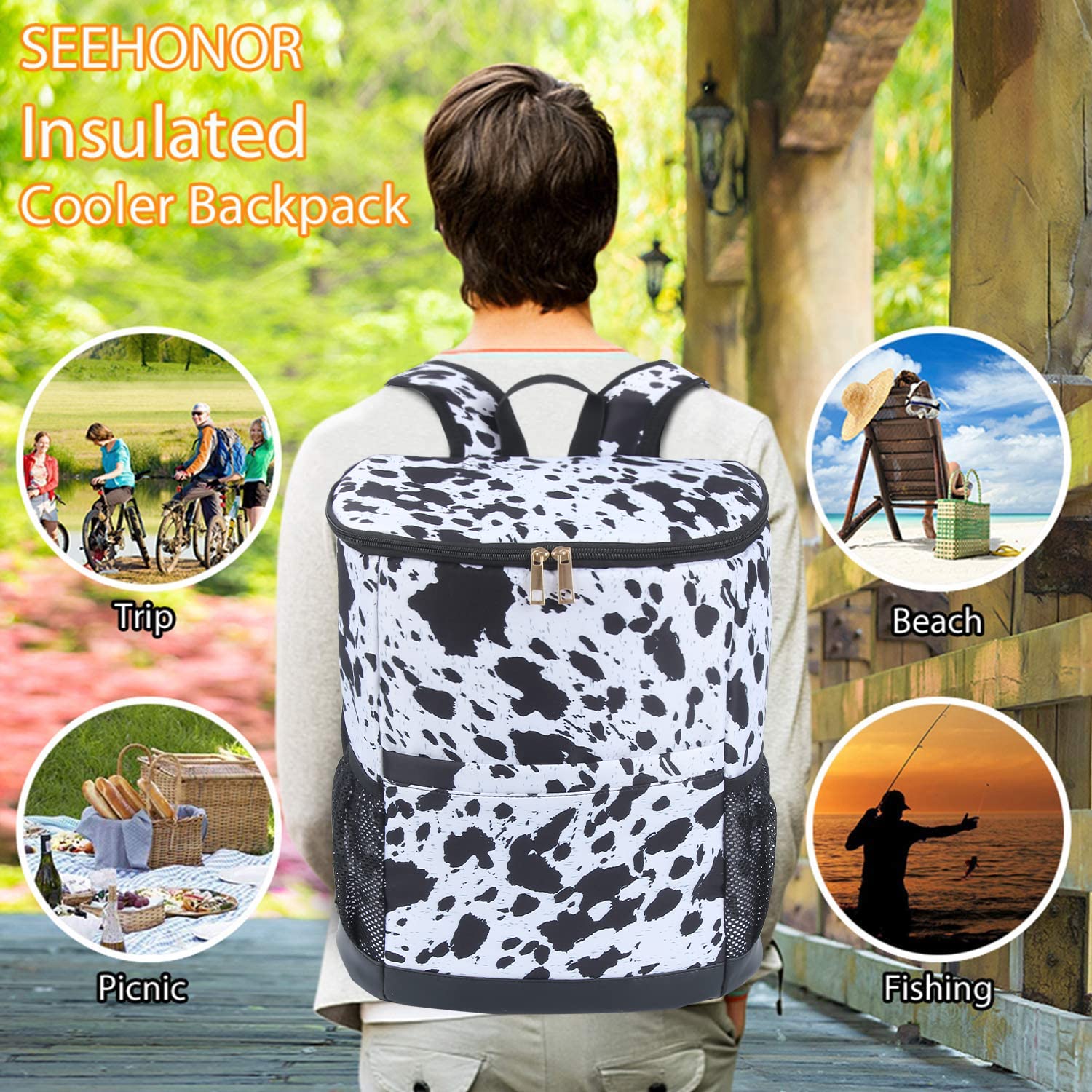 Cooler Backpack Women Leopard Leak Proof Backpack Cooler Bags Lightweight Soft Lunch Backpack with Cooler Compartment,Wine Cooler for Hiking Camping,24 cans (Cow Nainiu)…