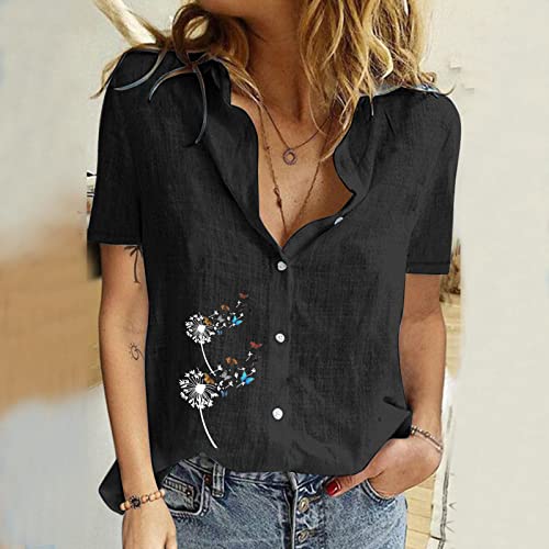 DUOWEI Ladies Cotton Linen Casual Loose Personality Printed Lapel Button Short Sleeve Black