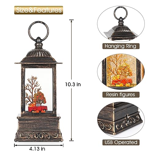 Red Truck Snow Globe Fall Decorations for Home, Thanksgiving Glittering Lighted Lantern Autumn Harvest Decor