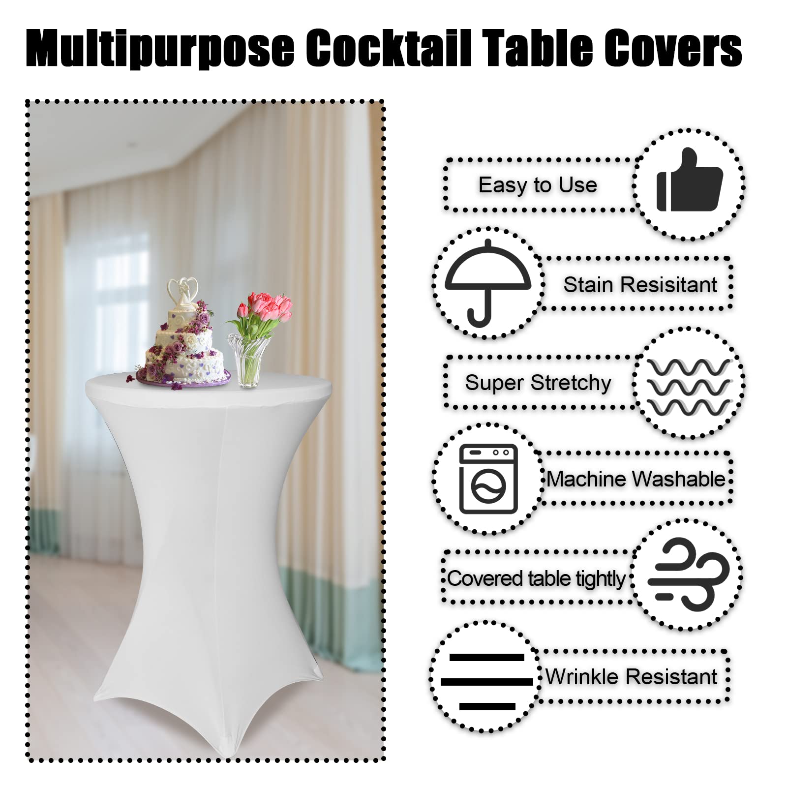 SUNTQ 4 Pack Spandex Table Covers, Cocktail Fitted Tablecloths, Round Highboy Stretch Table Cloths for Party, Wedding, Birthday, Banquet, Vendors,Bistro Table,White,32x43 Height