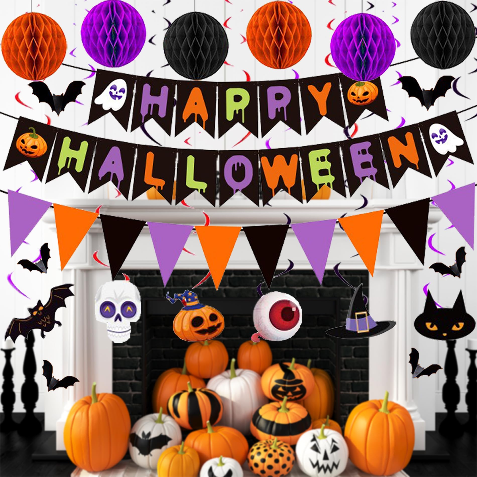 Happy Halloween Banner 26pcs Halloween Party Decorations Paper Triangle Flag Bunting Honeycomb Ball Hanging Swirl Streamers Bats Stickers Wall Decor DIY Indoor Outdoor Home Decor