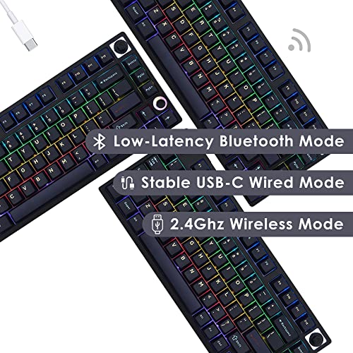 KEYMECHER 75% Mechanical Keyboard, RGB Backlit Hotswap Wireless Keyboard Support Bluetooth, 2.4G and Wire Connection, Mechanical Gaming Keyboard with Ganss Silver Switches, PBT Keycaps and Volume Knob