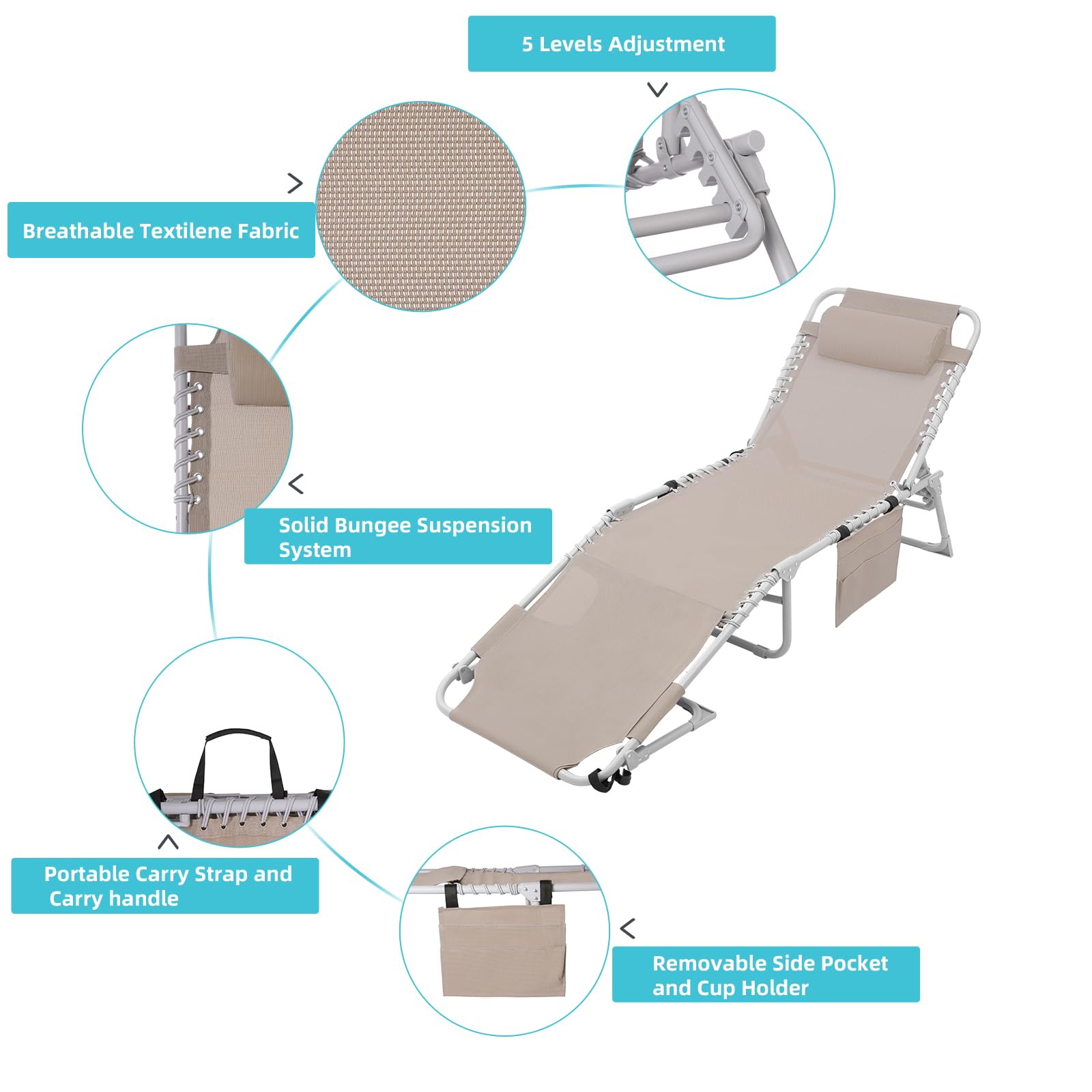 HBWHBW Tanning Chair with Face & Arm Hole- Chaise Lounge Beach Chair for Outdoor Pool, Sunbathing and Reading on Stomach- Versatile Folding Lounger for Tanning (Beige Textilene)