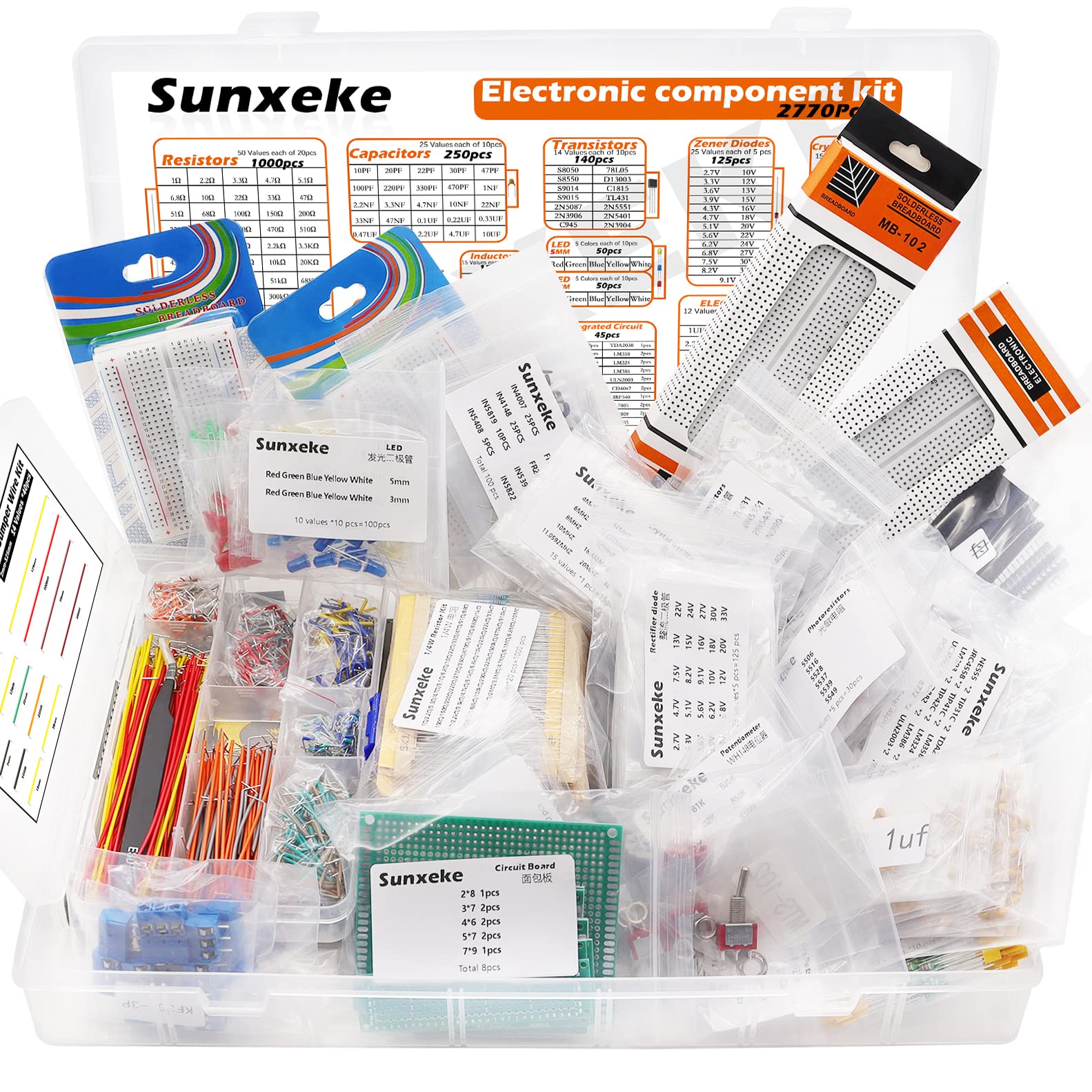 Sunxeke Electronic Component DIY Assortment Kit,Include Resistors,Capacitors,Triode,PCB,Tact Switch,Toggle Switch,Potentiometer,LED,Inductors,Crystal oscillator,Integrated Circuit.