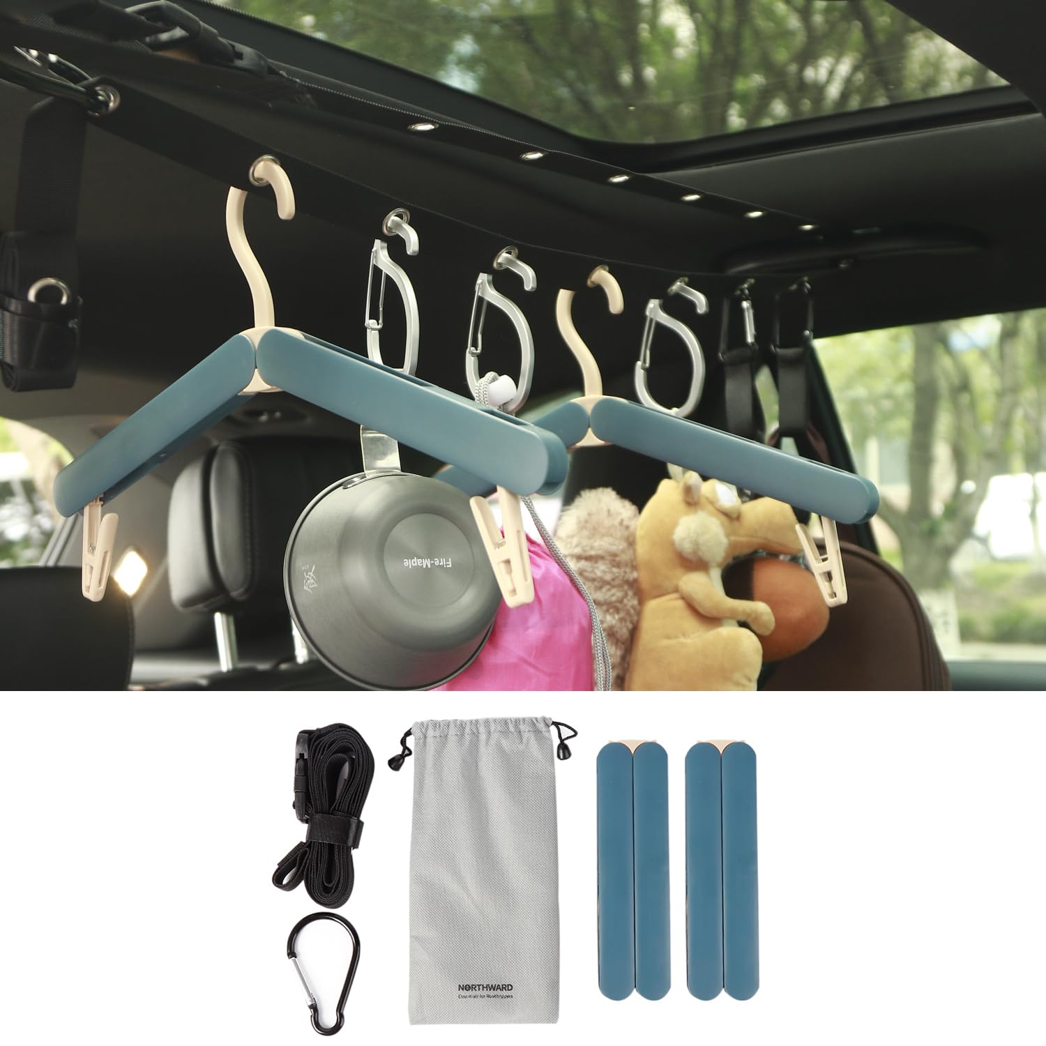 NAUGHOST Portable Car Clothesline, Adjustable 94.48" Clothes Drying Rope Multifunctional Storage Strap with 23 Hanging Holes & 2 Folding Clothes Hanger Interior Car Accessories for Camping Travelling