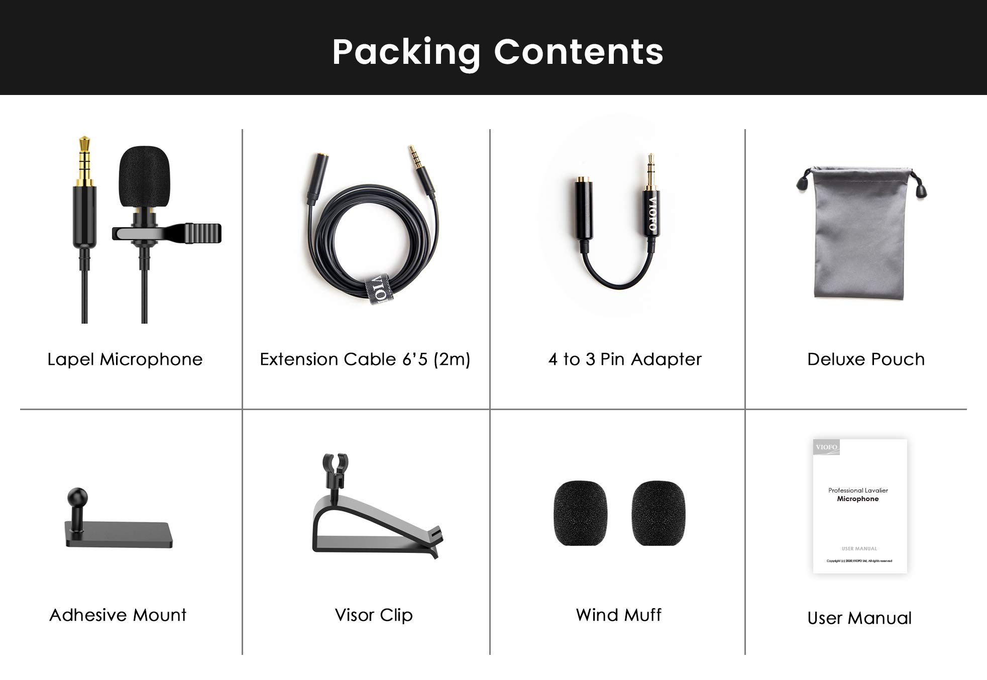 VIOFO Professional Lavalier Lapel Microphone Kit Omnidirectional Lavalier Mic Compatible with iPhone Android Smartphone, Laptop, PC, DSLR for YouTube, Podcast, Interview, Video Conference