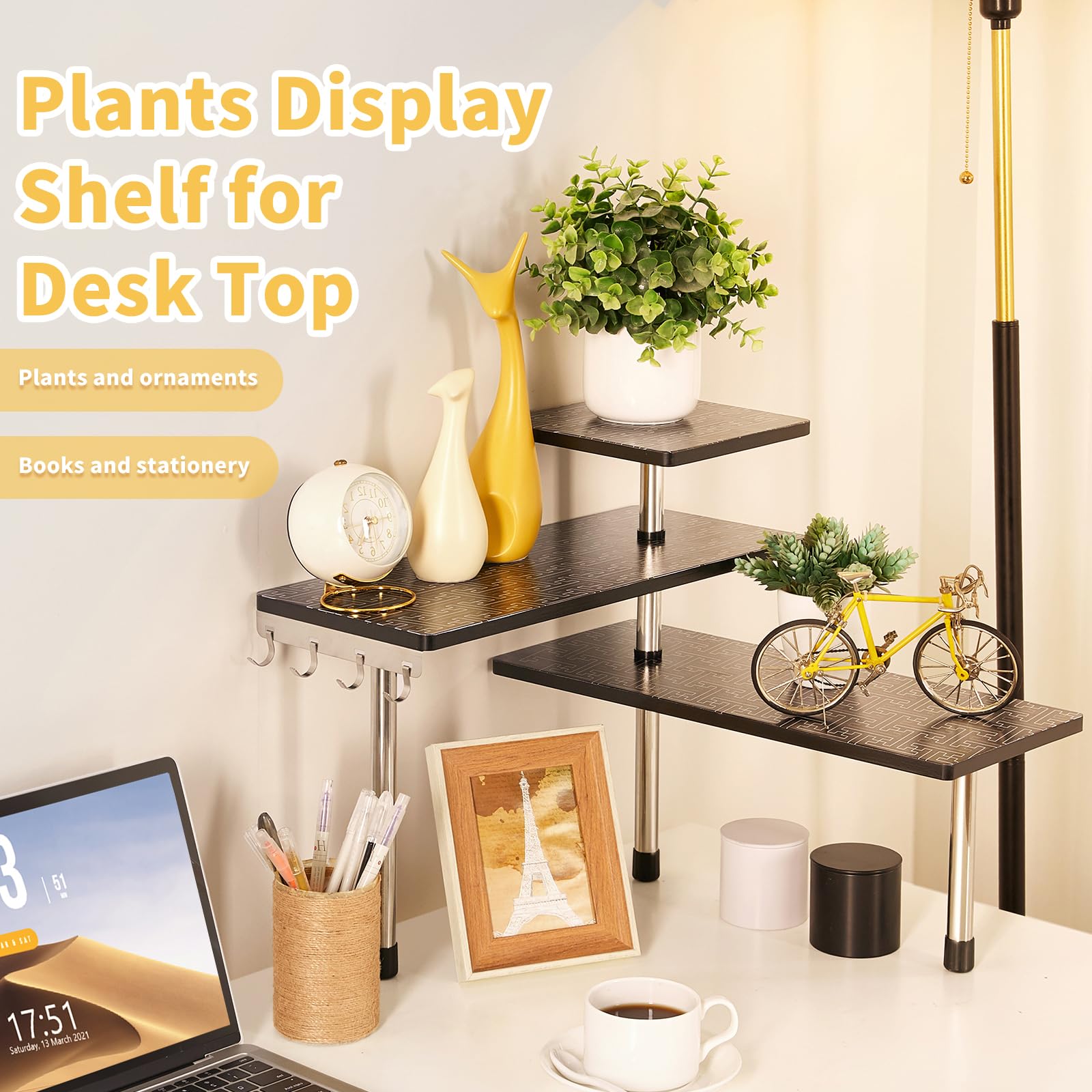 HYNAWIN Countertop Shelf,Bamboo Corner Shelf Over The Table with Printed Pattern,Desktop Storage and Organization
