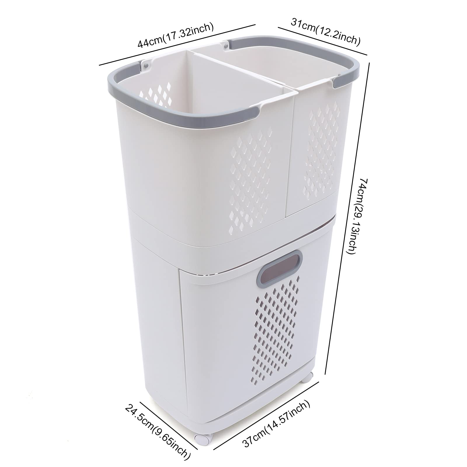 Laundry Basket 2 Tiers Movable Clothes Storage Basket Floor-Standing Storage Organizers with Wheels for Bathroom Bedroom Laundry Room Kitchen