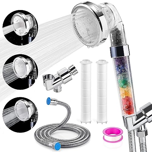 Filtered Shower Head, 3 Settings Shower Heads with Handheld Spray, High Pressure Shower Head with Hose 79" Extra Long Shower Hose & Holder, Purifying Filtration 7 Natural Crystalya Stone Beads
