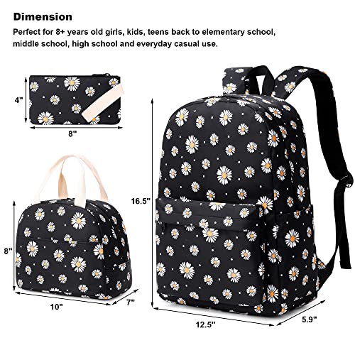 Kouxunt Daisy Girls School Backpacks for Kids Teens, 3-in-1 School Bag Bookbags Set with Lunch Bag Pencil Case (Black)