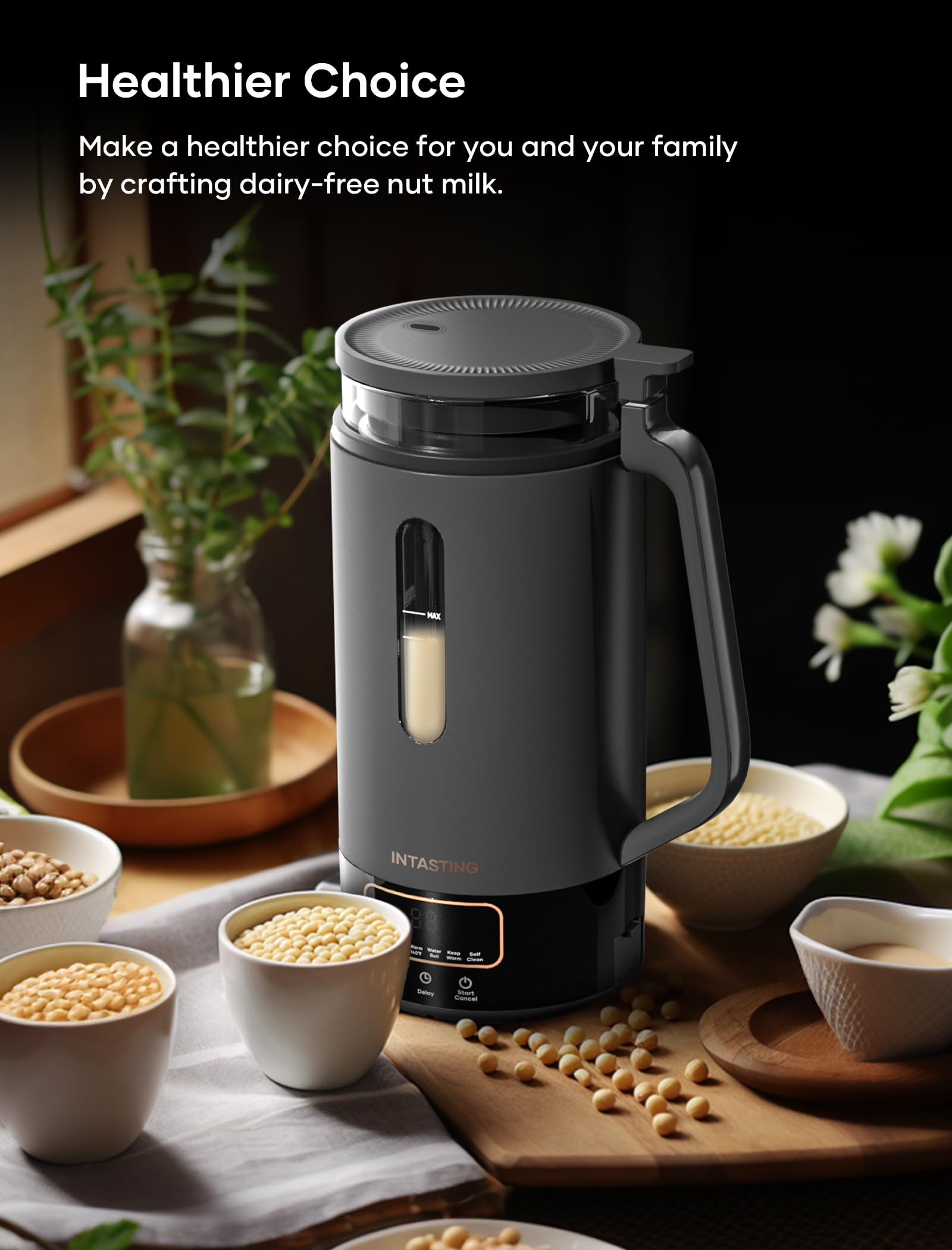 INTASTING Automatic Nut Milk Maker - Glass Inner - Homemade Almond, Oats, and More Grain - Soy Milk Machine with 6 Preset Modes - Keep Warm, Delay Timer, Boil Water, Self-Clean - Boil-Dry Protection