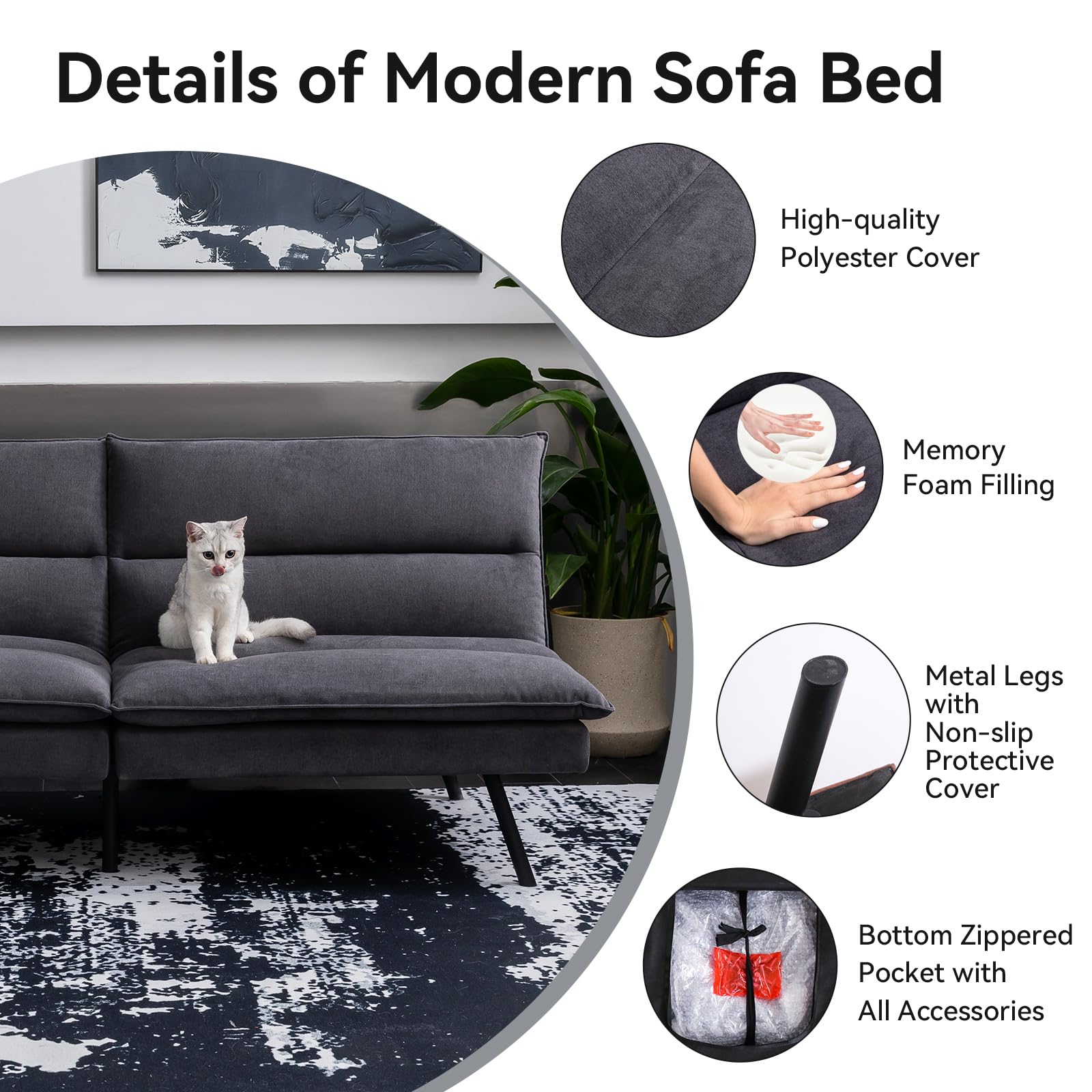 Hcore Couch, Memory Foam Futon,Small Splitback Loveseat Sleeper Sofa Bed Sofabed, Black