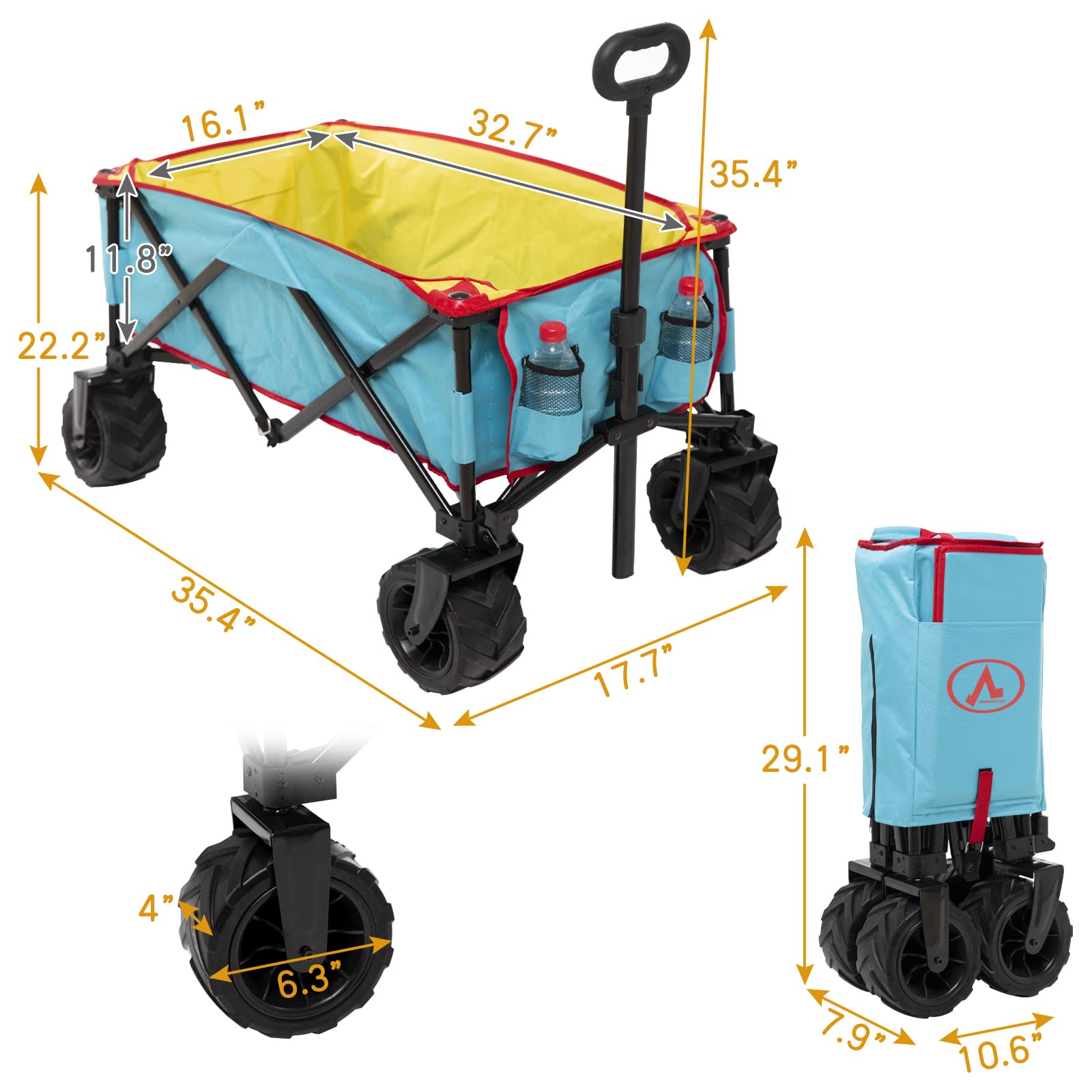 CharaVector Folding Wagon Cart,Beach Wagon with Big Wheels for Sand, Cooler Bag, Cup Holders and Side Bag, Collapsible Beach Wagon for Shopping, Camping, Garden