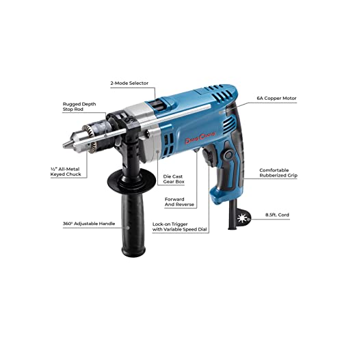 DongCheng Hammer Drill 6A,1/2 Inch Keyed Chuck, 0-3000 RPM/45000 BPM Impact Drill with 15PCS Drilling Bits for Concrete,Metal & Wood, DZJ05-13