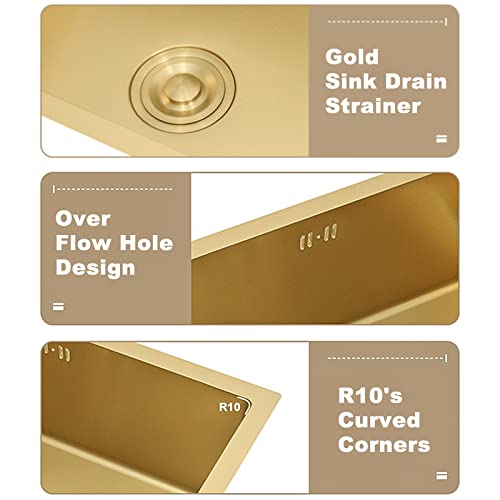 Gold Bar Prep Sink Mini Trumpet Kitchen Essential Sink 15 x10 Inch Rectangular Stainless Steel RV Utility Sink with Golden Drain Strainer Stopper, Single Bowl Undermount or Drop-In