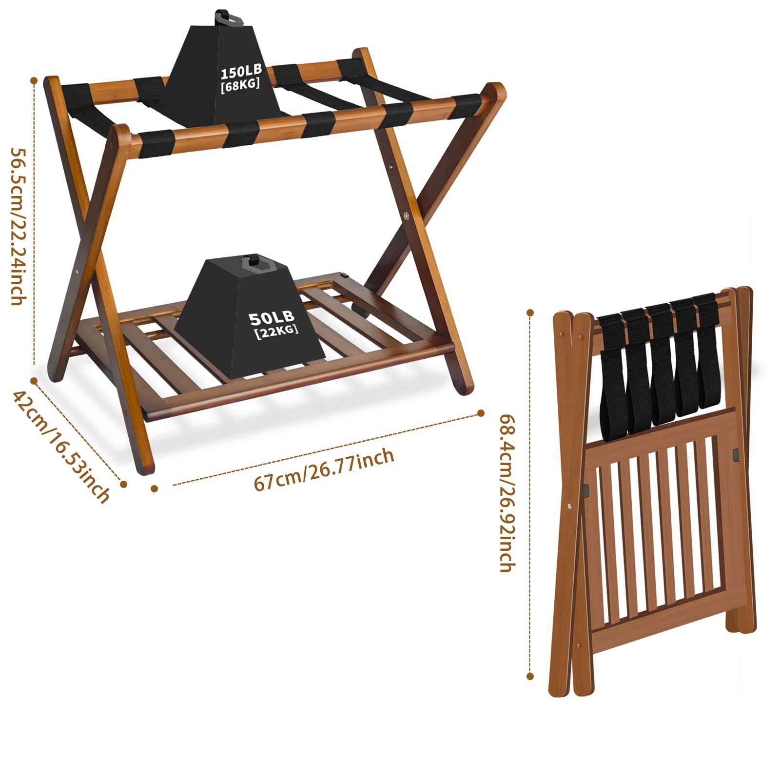 GUANBOM Luggage Rack,Folding Suitcase Stand with Storage Shelf,Luggage Stand for Guest Room Bedroom and Hotel (Brown)