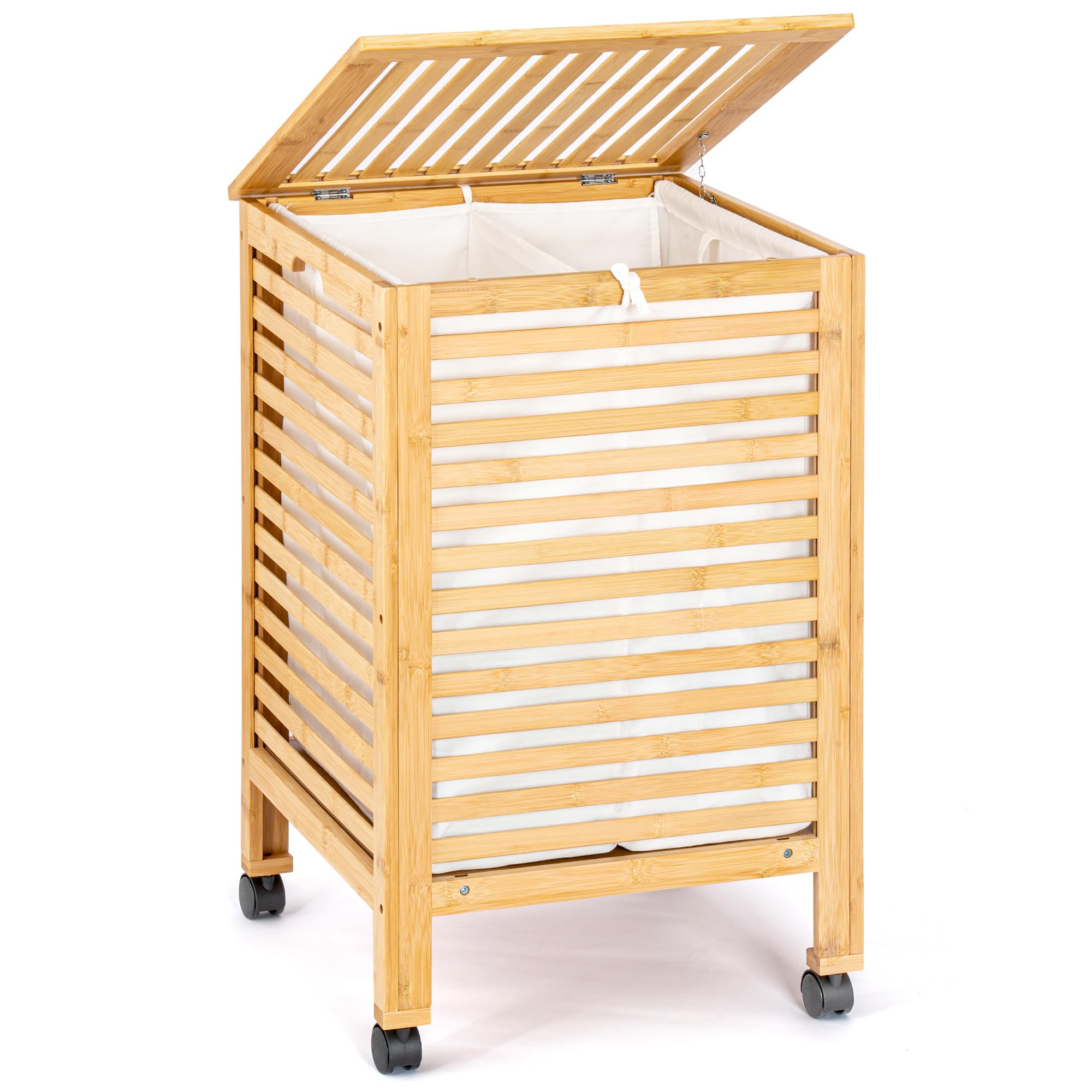 Laundry Hamper with Lid and Wheels, Bamboo Rolling Laundry Hamper with 2 Sections and Removable Liners Bags 120L, Versatile Storage Solutions for Blanket, Toys, Towels (Natural)