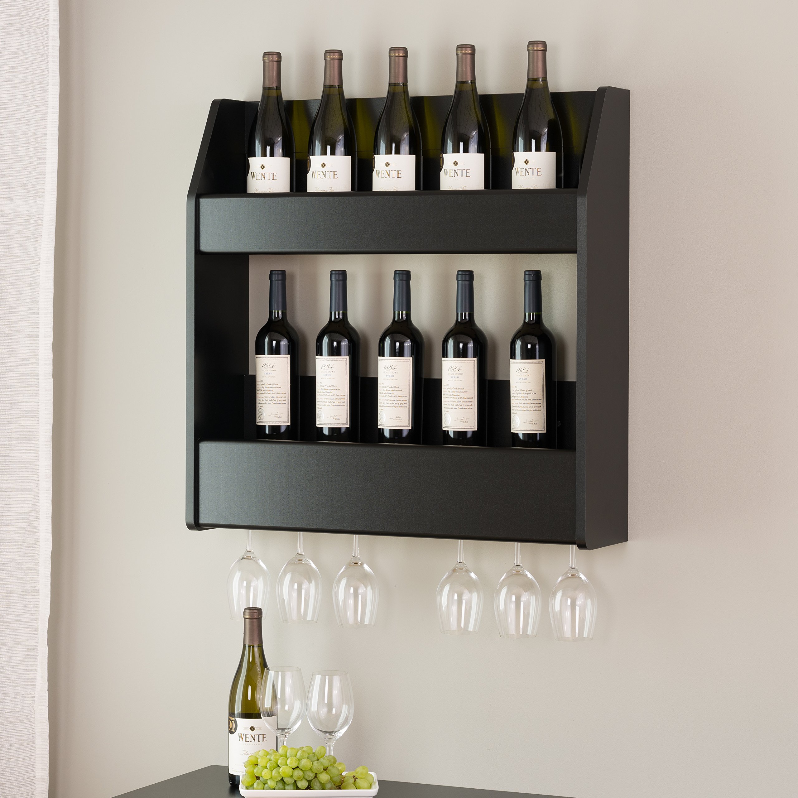 Floating Wine Rack Liquor Bottle Storage Glass Holder Bar Wall Mount Pub Sturdy Black Modern Holds 20 Bottles