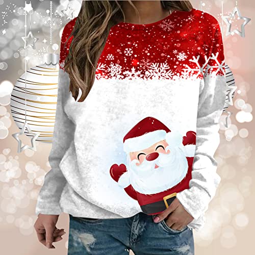 GuangYuan Women Long Sleeve Tshirt Christmas Print Pullover Long Sleeve Sweatshirts Drop Shoulder Pullover Clothes Outfits White