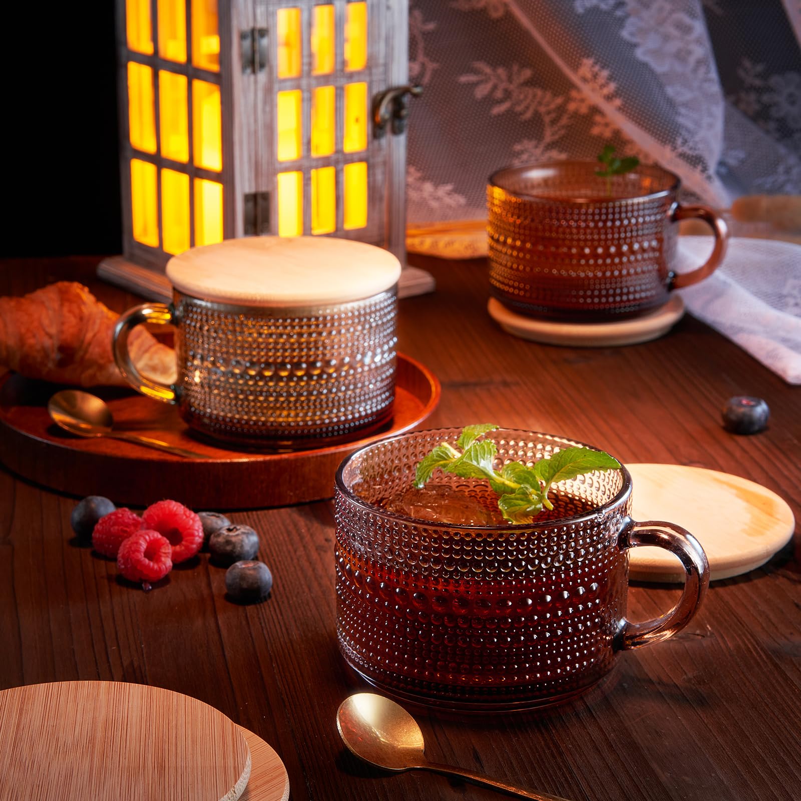 Khen Fall Colors Glass Coffee Mugs Set With Handles, Spoons & Lid | Set of 6 | 15oz Hobnail Embossed With Bamboo Lids & Gold Spoons, Glassware Mug Bubble Glasses - Cute Cups Coffee, Tea Oats Colored