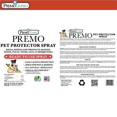 Pet Protector by Premo Guard – 100% Effective Mite, Flea, Tick, & Mosquito Spray for Dogs, Cats, and Pets – Best Natural Protection for Control, Prevention, & Treatment – 32 oz