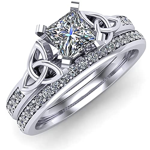 Engagement Ring for Women Bridal Sets 1-2/5 ct. tw. Princess cut Moissanite engagement ring set wedding ring set Platinum Plated Silver celtic rings for women Anniversary size5.5