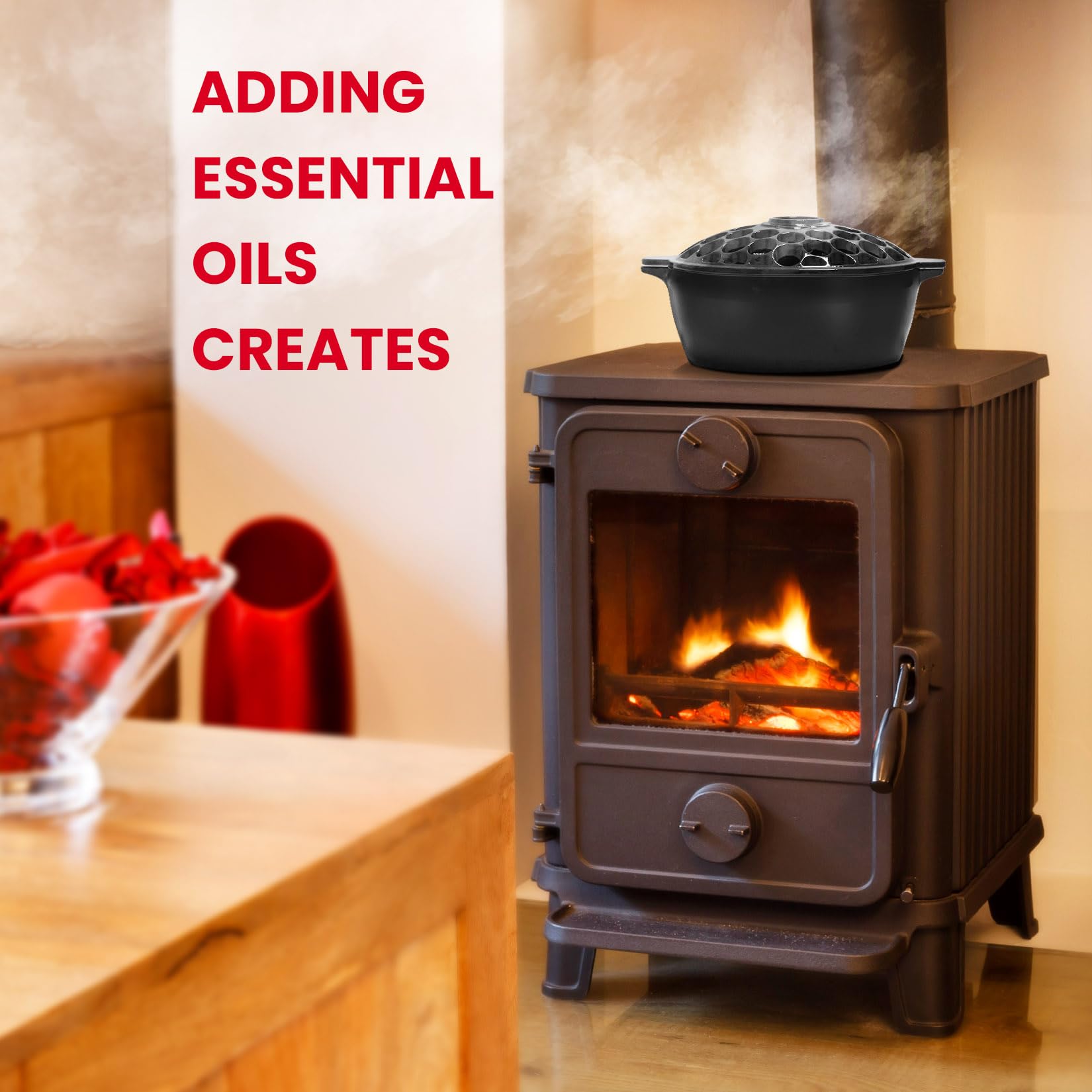 KIAADSY Wood Stove Steamer Rust-Proof, Fireplace Humidifier Pot, Round Hole Lid Cast Iron Steamer for Home Interior Humidification/Decoration, 2.3 Quart Capacity Enamel Black.