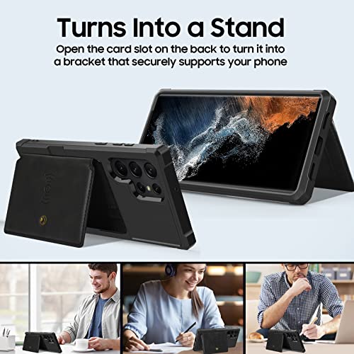 GooseBox for Samsung Galaxy S23 Ultra Wallet Case with Card Holder (5 Cards Slot), S23 Ultra Wallet Case for Women Men& Kickstand Double Layer TPU Heavy Duty Shockproof Rugged Case (Black)