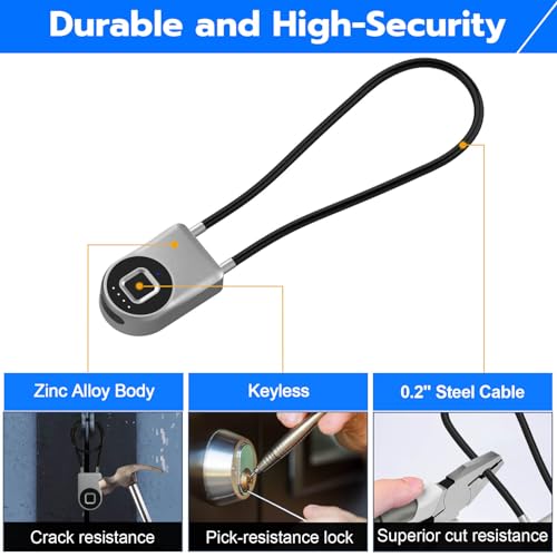 eLinkSmart Fingerprint Cable Lock, 6" Long Shackle Small Keyless Biometric Waterproof Bluetooth Smart Padlock for Gate Outdoor Fence Fridge Cabinet Locker Gun Pool Yard Pantry Helmet Travel - Silver