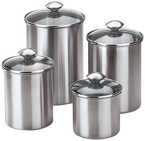 nu steel Canister Set Collection 4 Piece S/Steel Food Storage Container with Tempered Glass Lids for Kitchen Counter, Coffee, Tea, Etc, Small, Shiny Mirror