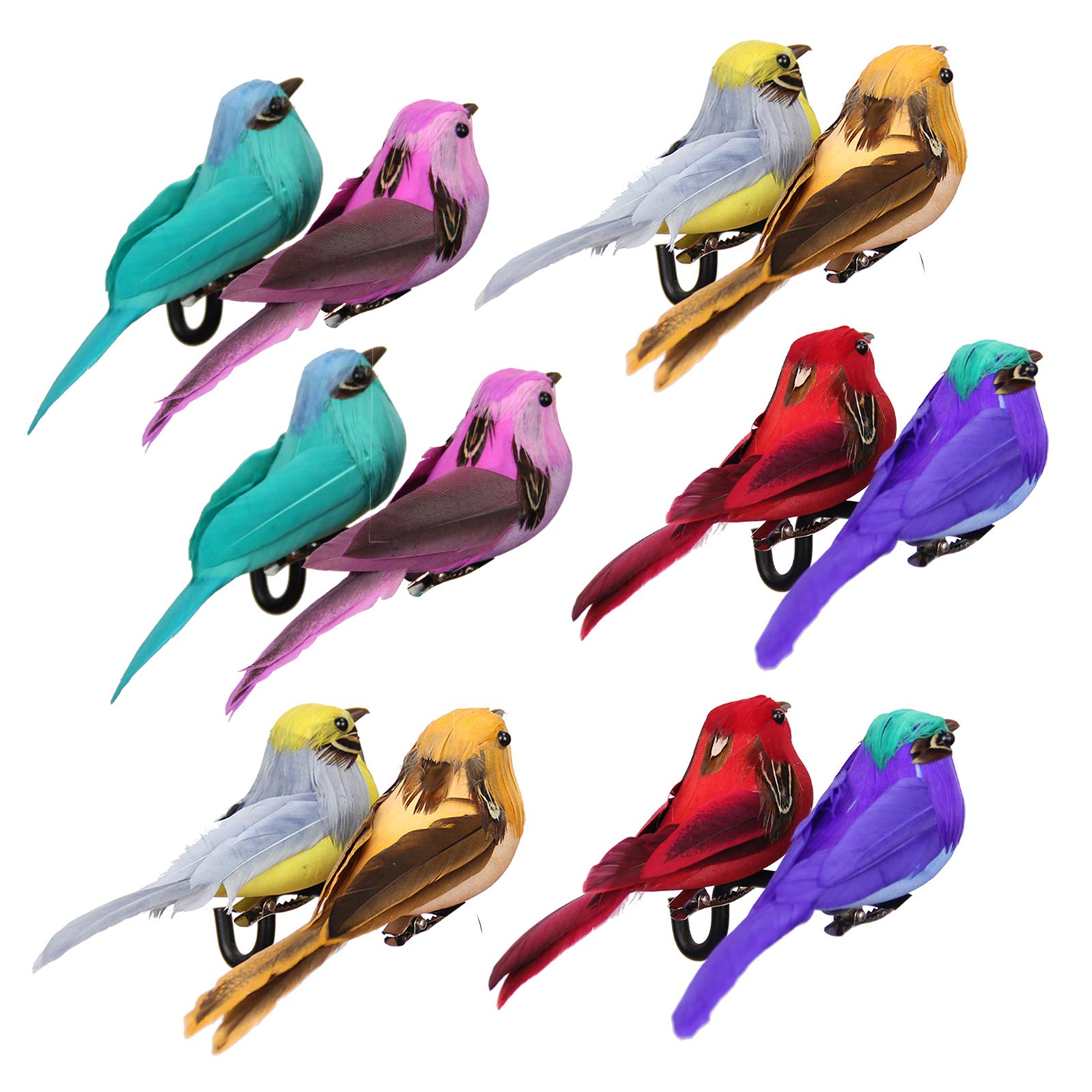 Toyfun 12Pcs Artificial Simulation Foam Bird, Colorful Artificial Feathered Birds Clip-on Christmas Tree Ornament, Feather Mini Love Birds DIY Craft for Home Garden Wedding Easter Decor