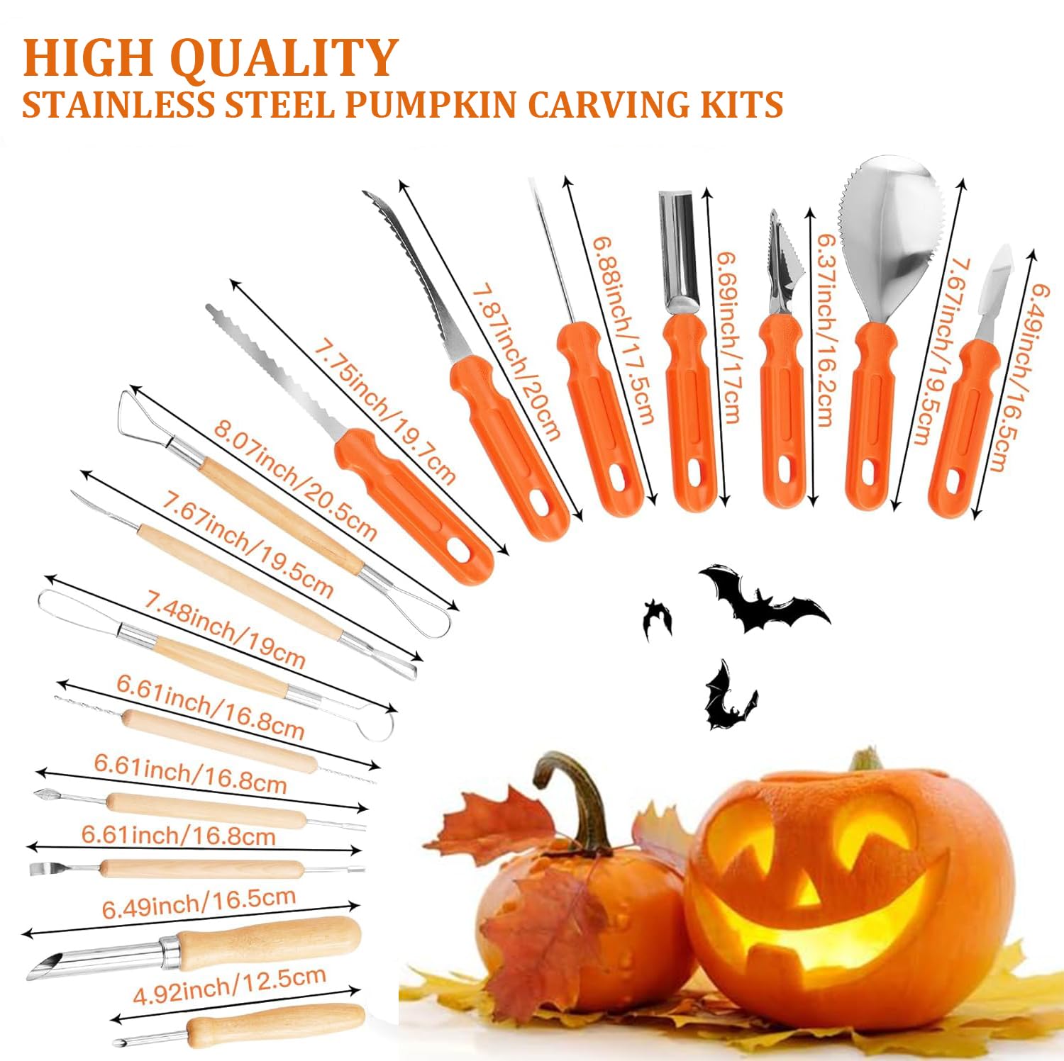 Haromala Halloween Pumpkin Carving Kit, Professional Stainless Steel Pumpkin Carving Tools Kit with Storage bag and luminous Tattoos, Carve Sculpt Jack-O-Lanterns for Decorations DIY