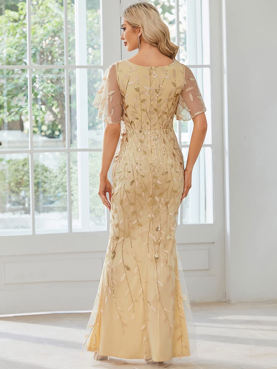 Ever-Pretty Women's Bridesmaid Dress V Neck Short Sleeve Sparkly Embroidery Formal Dress Gold US4
