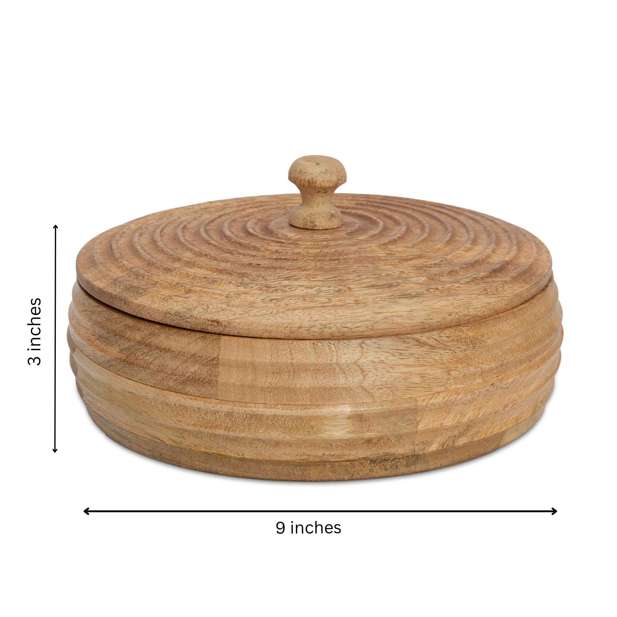Indian Kitchen Roti Holder Box Pancake Keeper Serveware Hot Pot Casserole Dish With Lid Home Kitchen Dining Decor, Natural Brown, 9 x 3 Inches