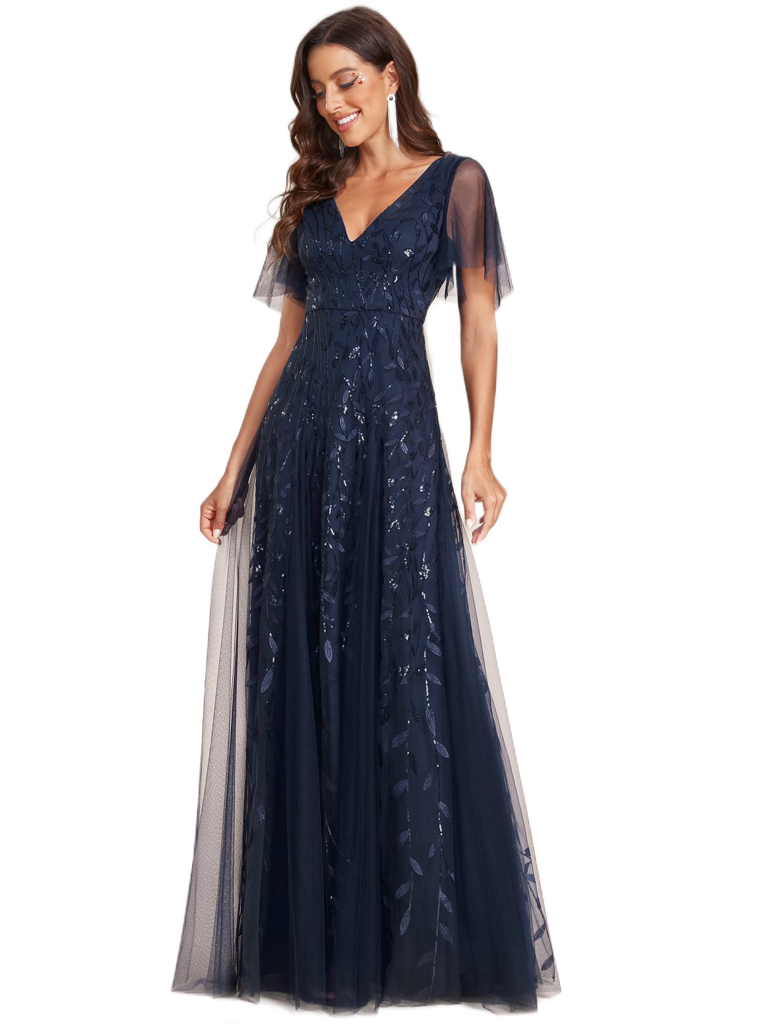 Ever-Pretty Women's Sequin Sparkly V-Neck Short Sleeve Maxi Evening Dress Prom Gowns Navy Blue US10