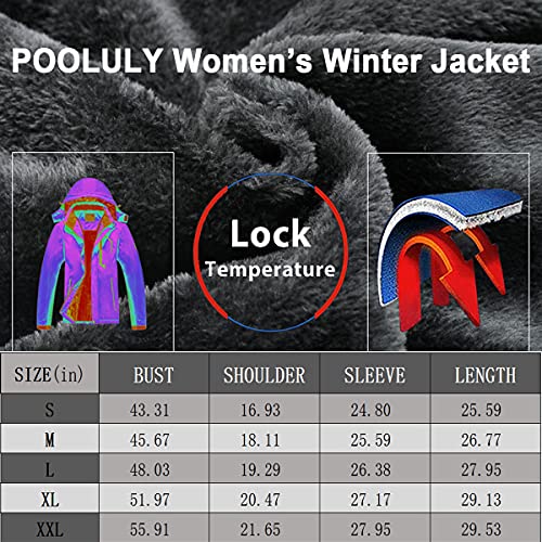 Pooluly Women's Ski Jacket Warm Winter Waterproof Windbreaker Hooded Raincoat Snowboarding Jackets Black-L