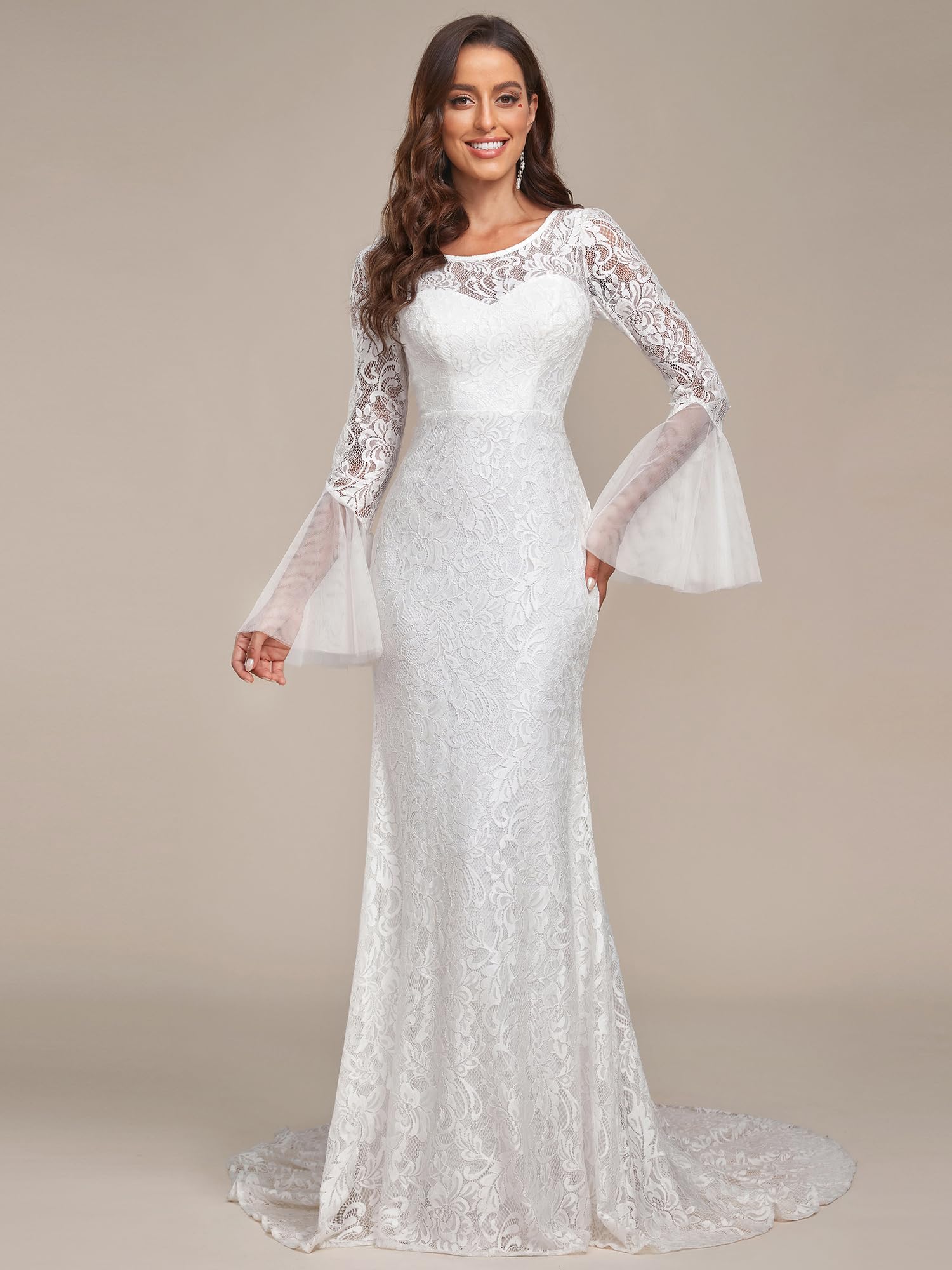 Ever-Pretty Women Lace Flare Sleeve Long Bridesmaid Dress Evening Party Dress White US16