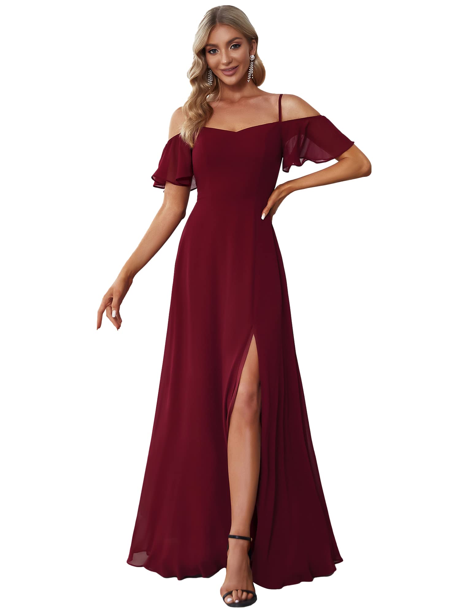 Ever-Pretty Women's Formal Dresses Off Shoulder Short Sleeve Split A-Line Floor Length Bridesmaid Dresses Burgundy US20