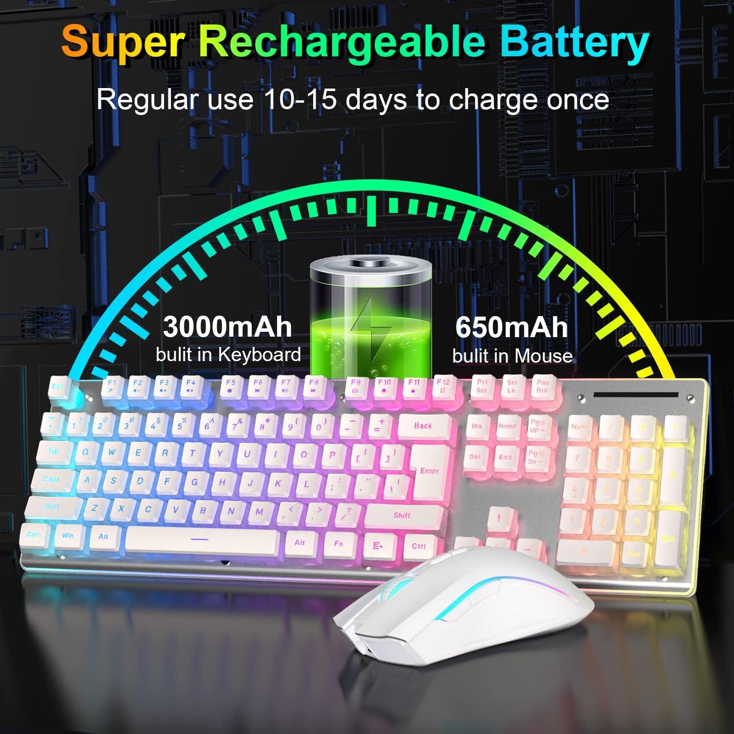 FELICON L96 Wireless Keyboard Mouse Combo, 3650mAh Rechargeable RGB Full Size Keyboard with Pudding Keycaps, Ergonomic Mechanical Feel 4800 DPi Rainbow Led Mute Mouse 2.4G USB for PC/Mac(White)